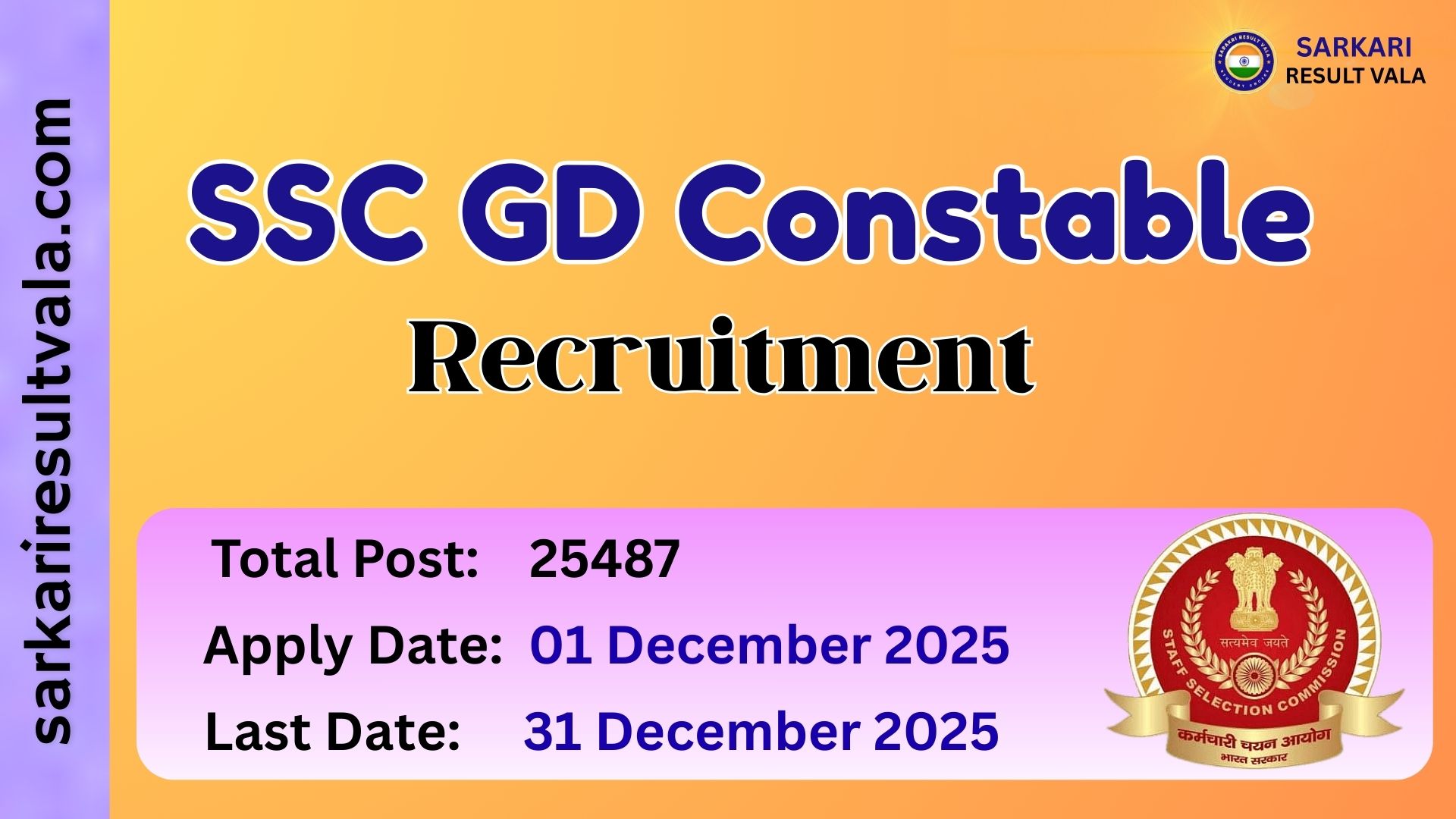 SSC GD Constable Online Form 2025 – Apply for 25,487 Posts
